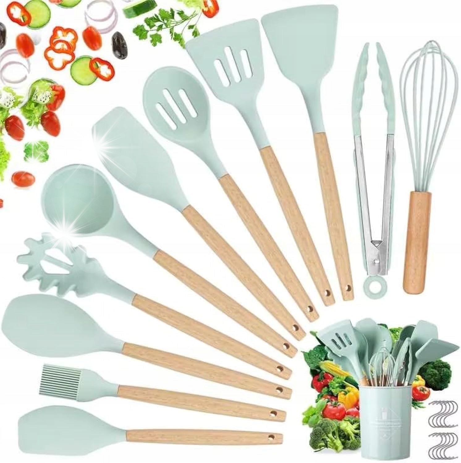 Set ustensile de bucatarie 11 elemente, silicon, maner din lemn ...