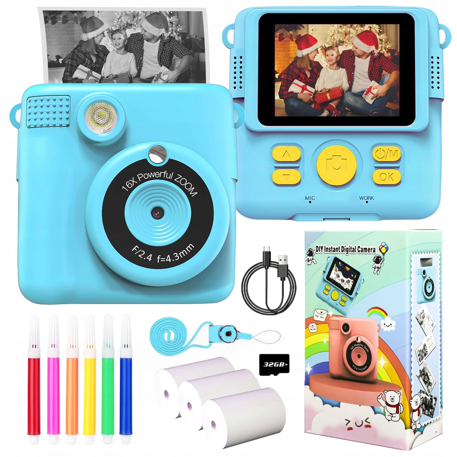 Aparat digital instantaneu 1080P, cu imprimare rapida, 32GB, 3-14 ani ...