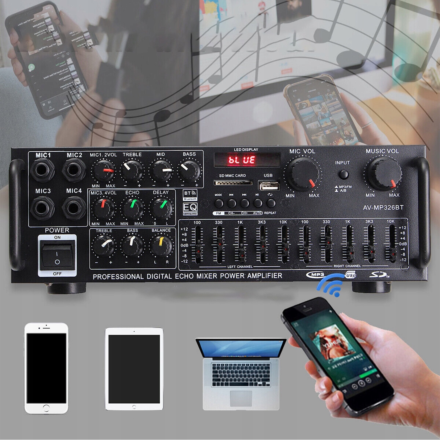 Amplificator mini Bluetooth cu telecomanda, 1200W, 2.0, negru ...