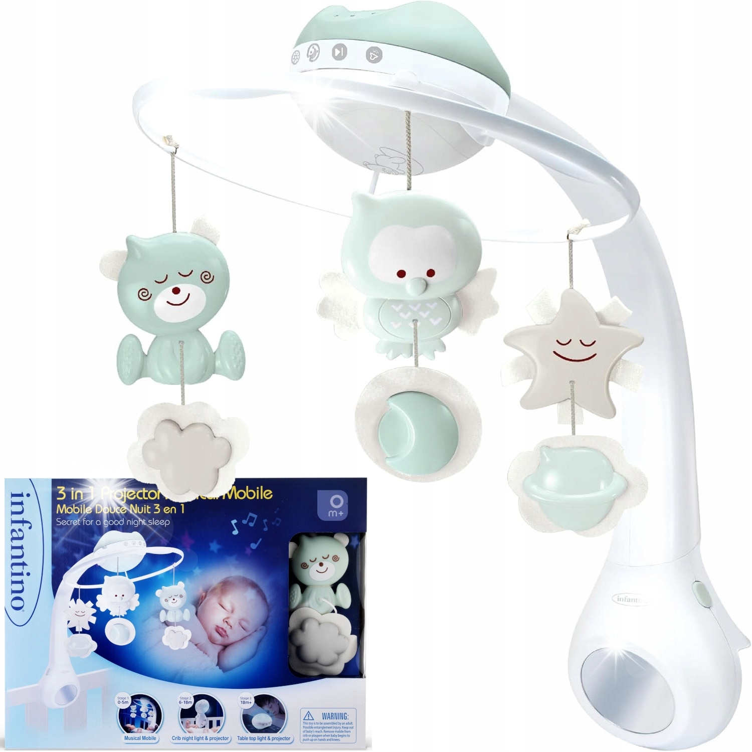 Carusel muzical pentru patut, Infantino, 3 in 1, alb/verde - eMAG.ro