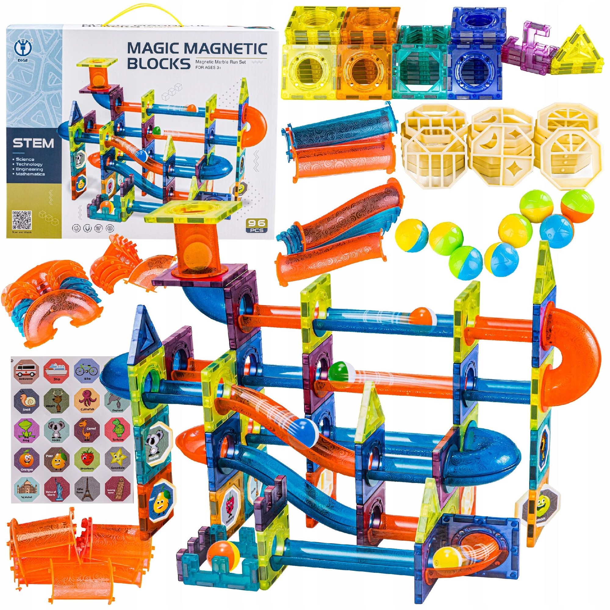 Комплект магнитни блокчета, MalPlay, писта за топчета, 96 елемента ...