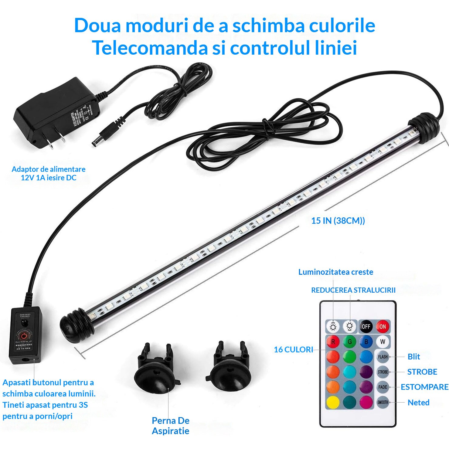 Lampa LED pentru acvariu, cu telecomanda, iluminare multicolora, IP68 ...