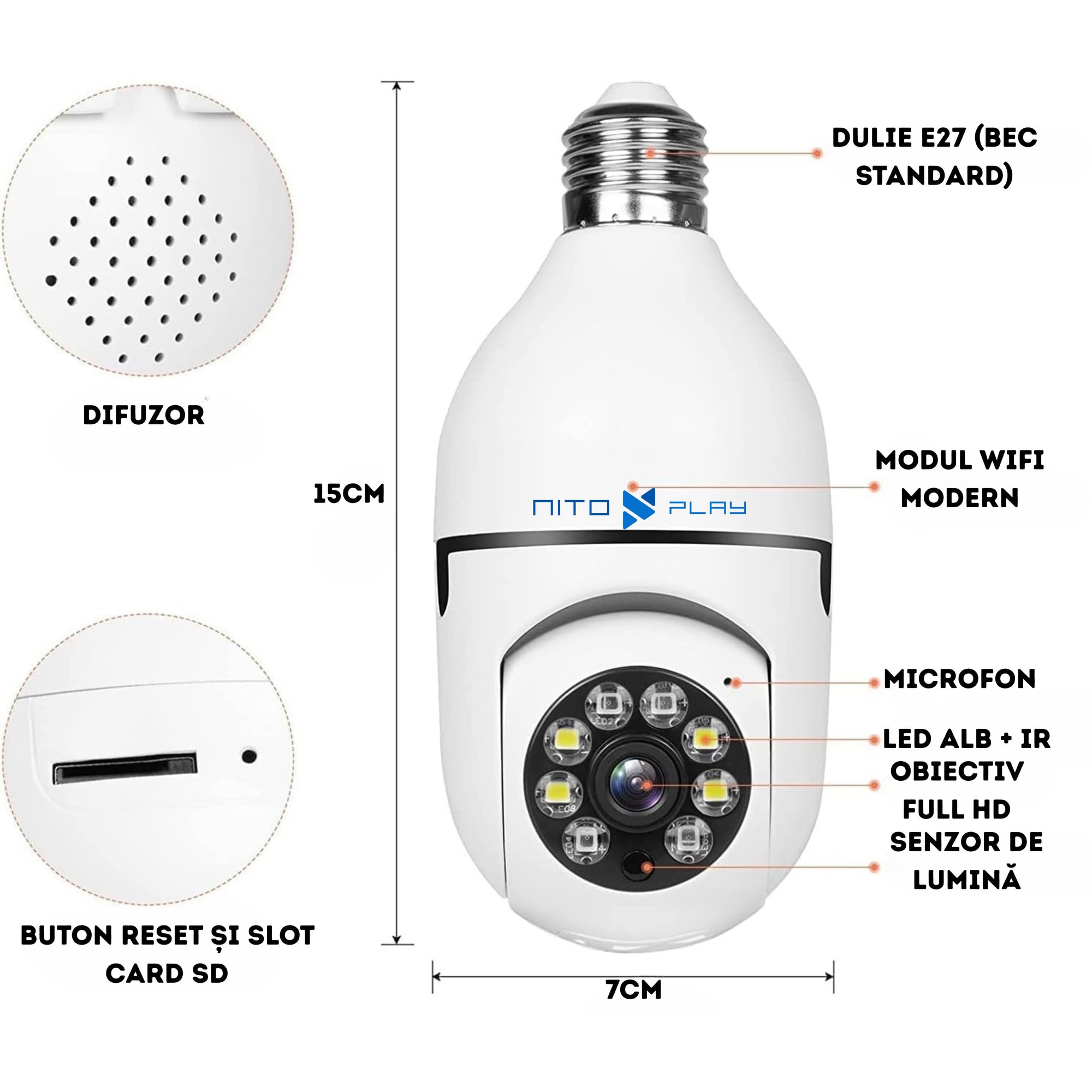 Camera de Supraveghere Nitoplay® Q3, Montare in Dulie E27, Full HD ...