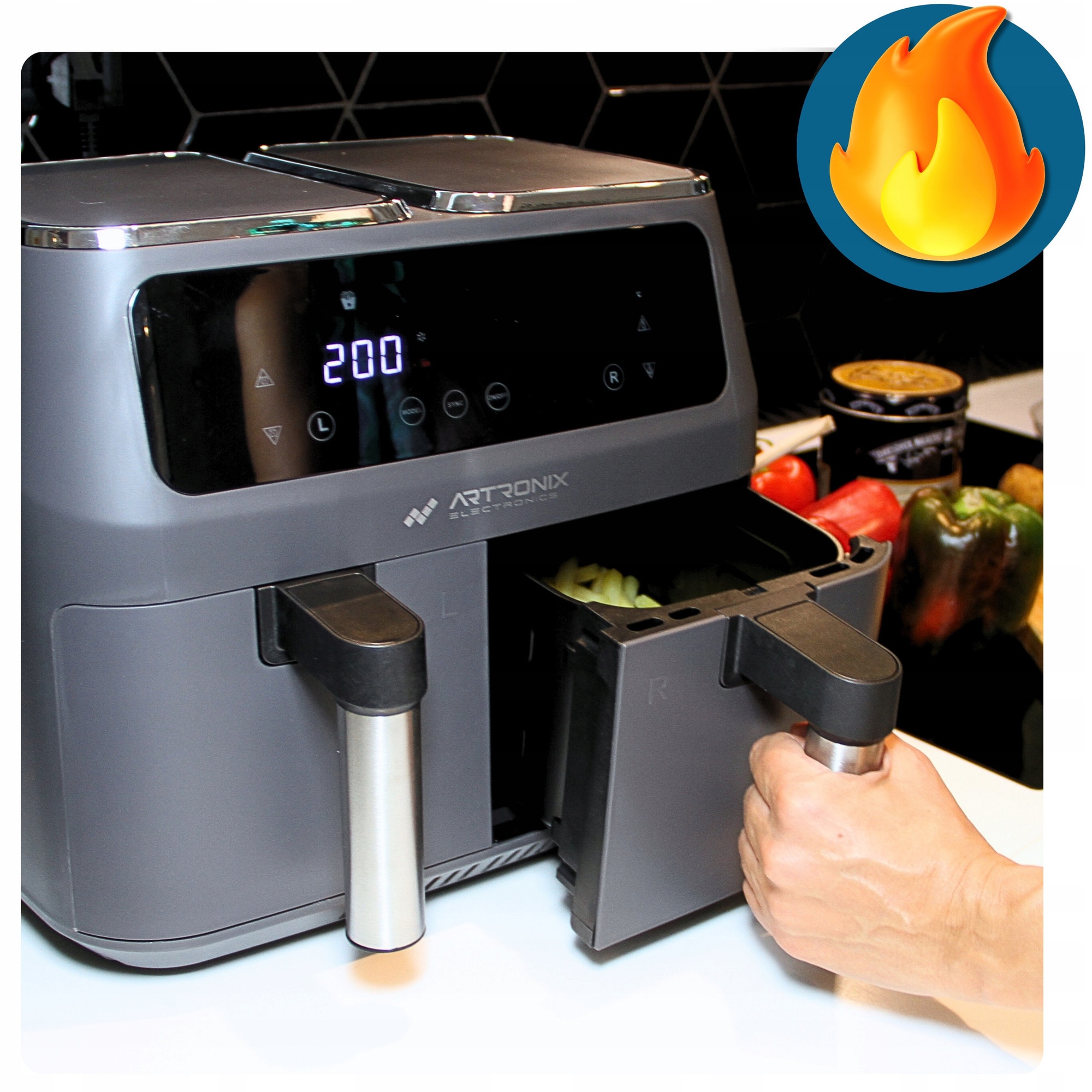 Friteuza fara ulei 8L, 2800W, 2 cosuri, control LCD, argintie - eMAG.ro