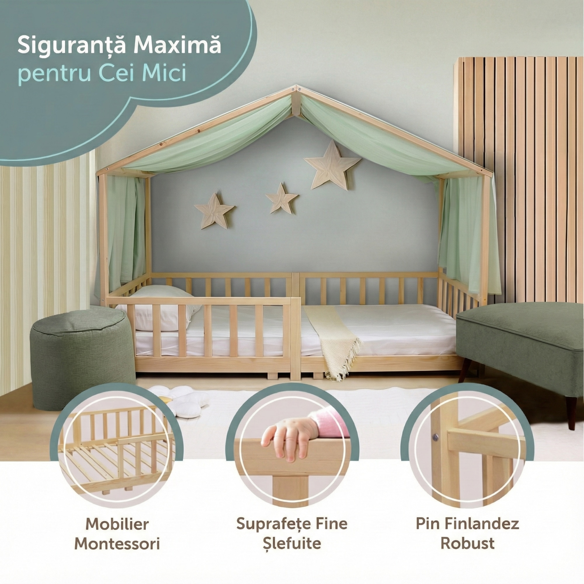 Pat Copii Montessori 4-in-1 Tip Casuta, Kukka, Lemn Pin Finlandez ...