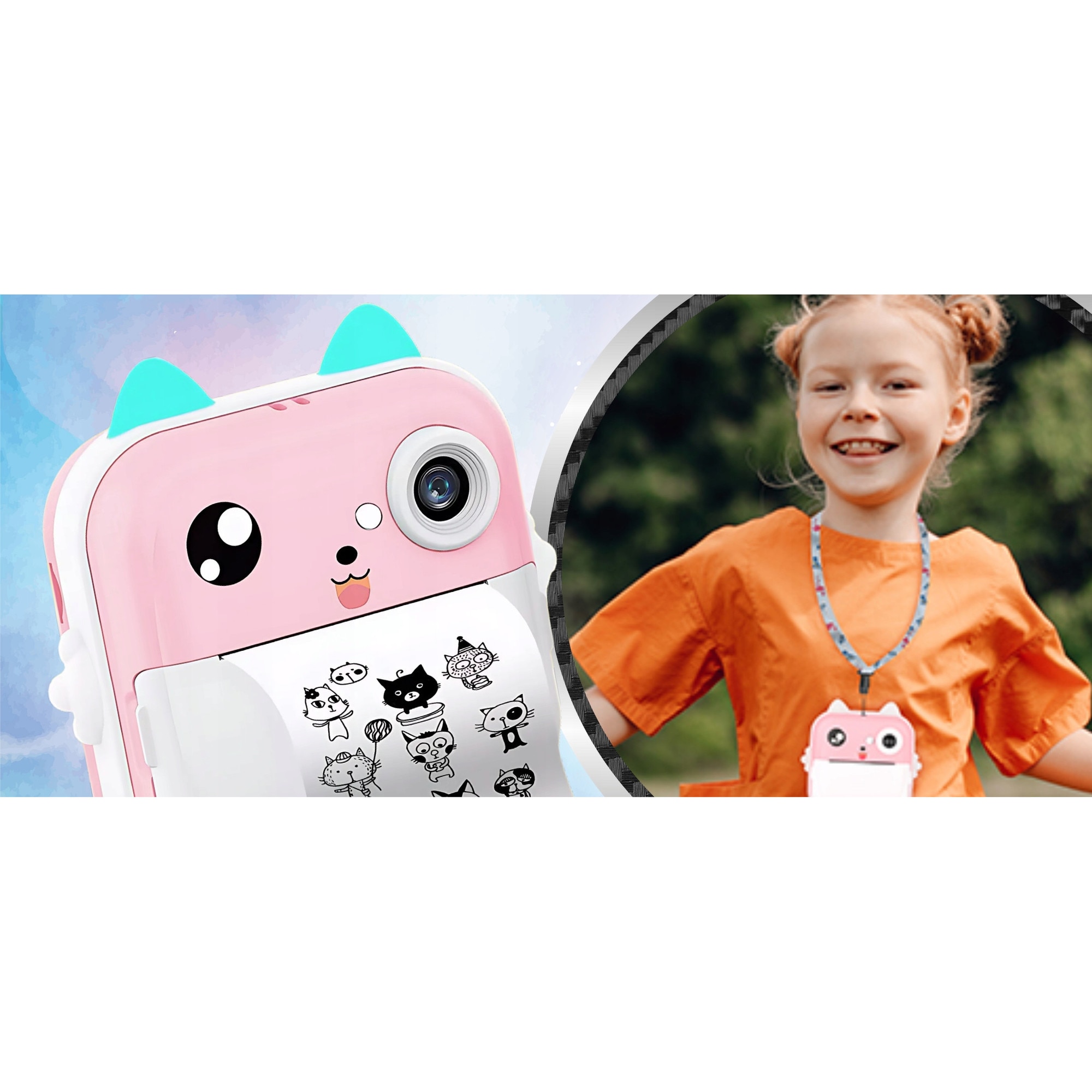 Mini imprimanta termica Drukus 3.0, aparat foto instant, 48MP, roz, set ...