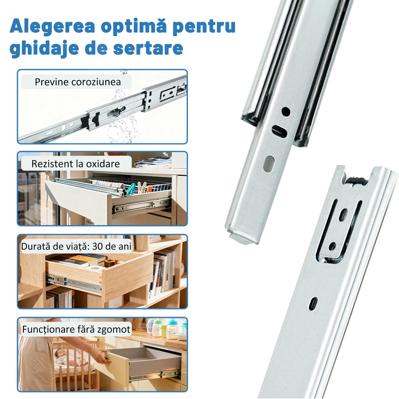 Sina glisare cu bile pentru sertar, 35mm x 400mm, extensie totala, 4 ...