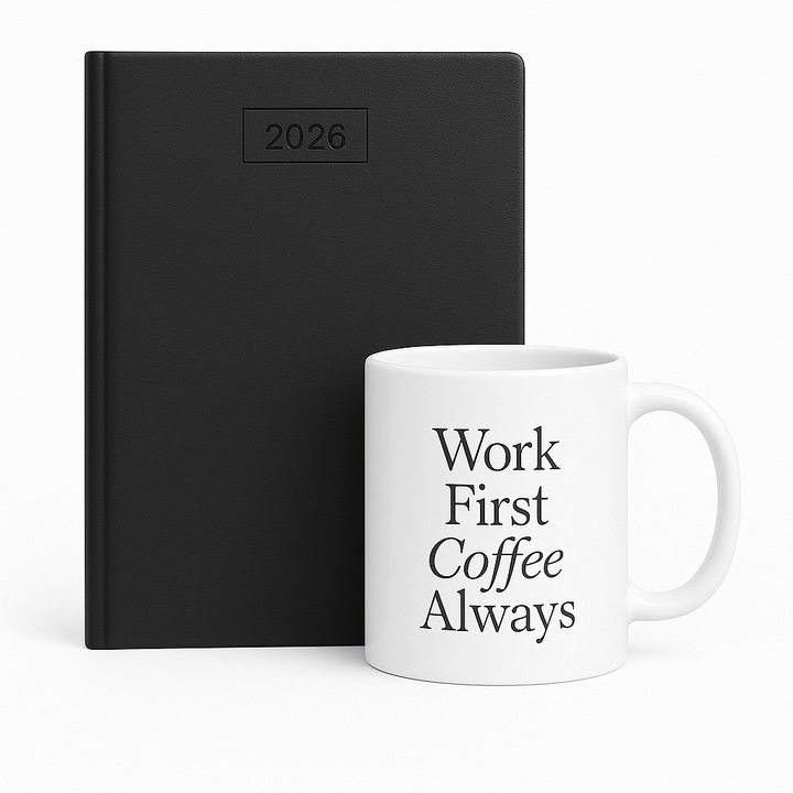 Set Cadou Corporate Birou 2026 - Agenda Neagră + Cană Ceramica cu mesaj ...
