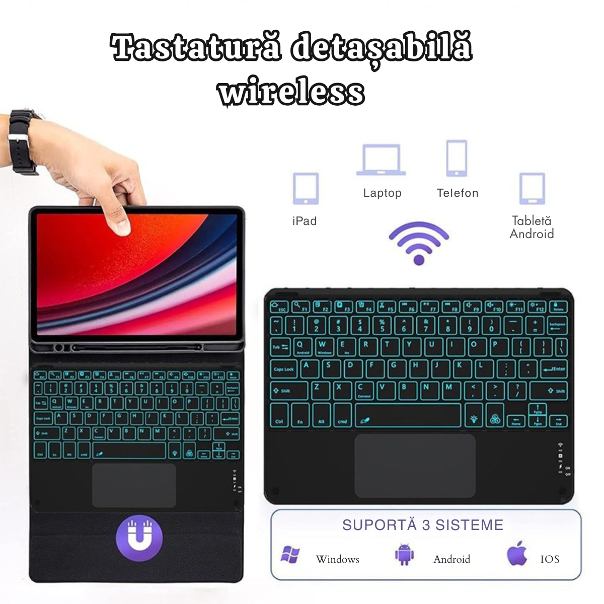 Set Husa Tabletă cu Tastatură Wireless și Mouse Wireless QOVU, 11 ...