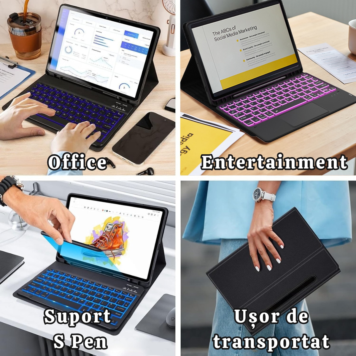 Set Husa Tabletă cu Tastatură Wireless și Mouse Wireless QOVU, 11 ...