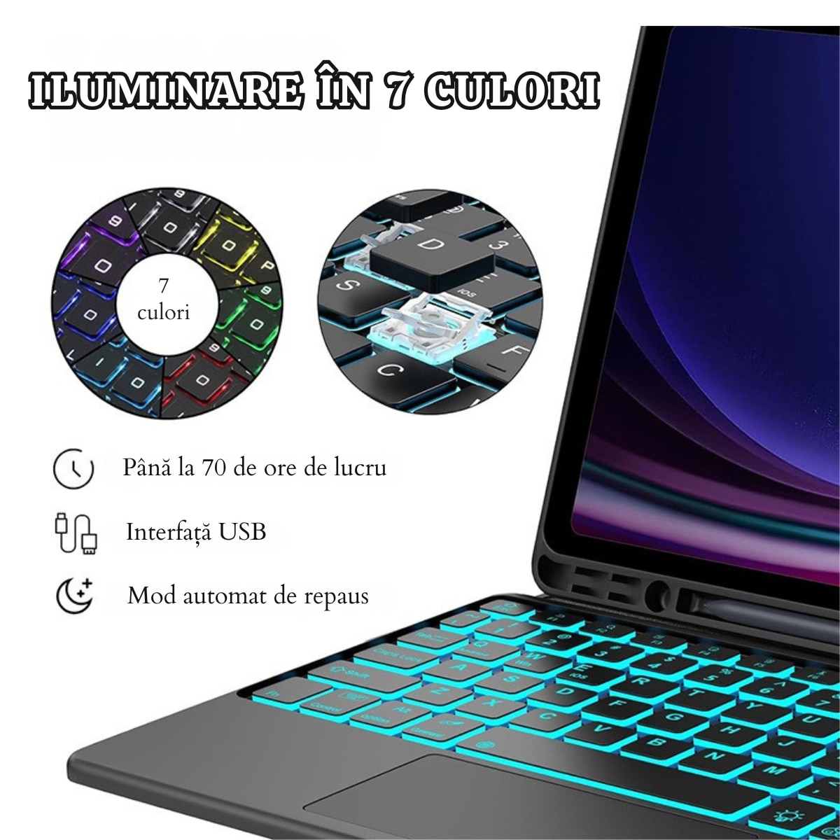 Set Husa Tabletă cu Tastatură Wireless și Mouse Wireless QOVU, 11 ...