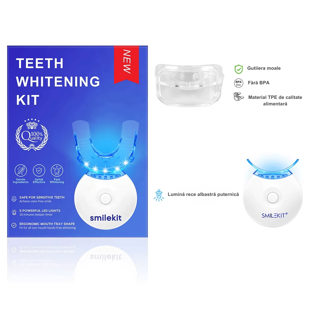 Kit albire dinti, smilekit, LED, gel fara peroxid, 10 seringi, gutiera ...