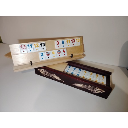 Joc de societate Remi/Rummy, cutie din lemn masiv sculptat visiniu, 106 ...