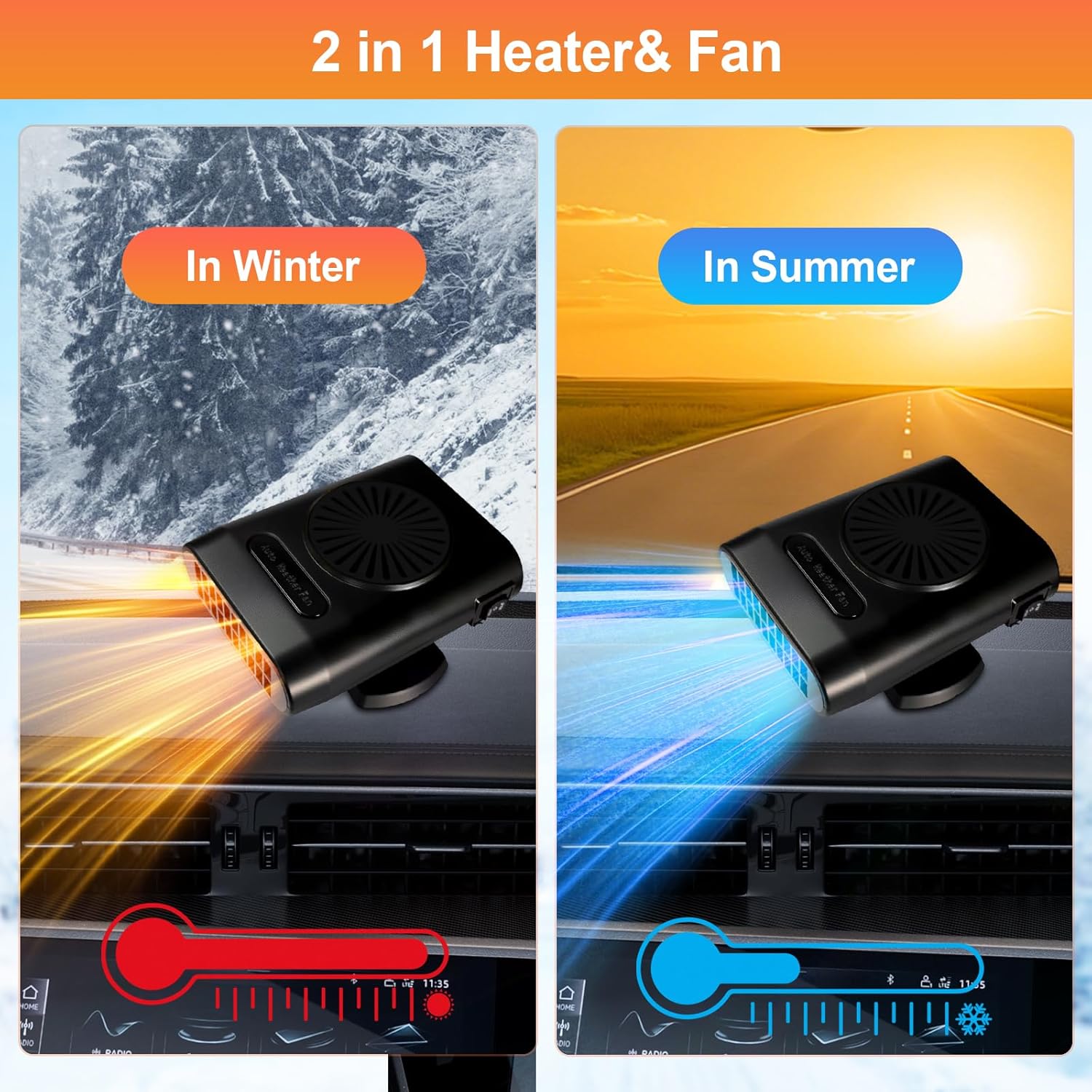 Incalzitor auto 12V, ventilator de parbriz 2 in 1, functii de incalzire ...