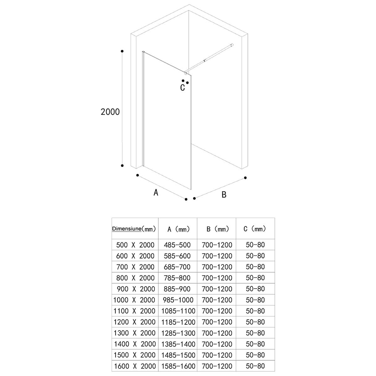 Perete dus Walk-In, sticla securizata 10 mm, transparenta ...