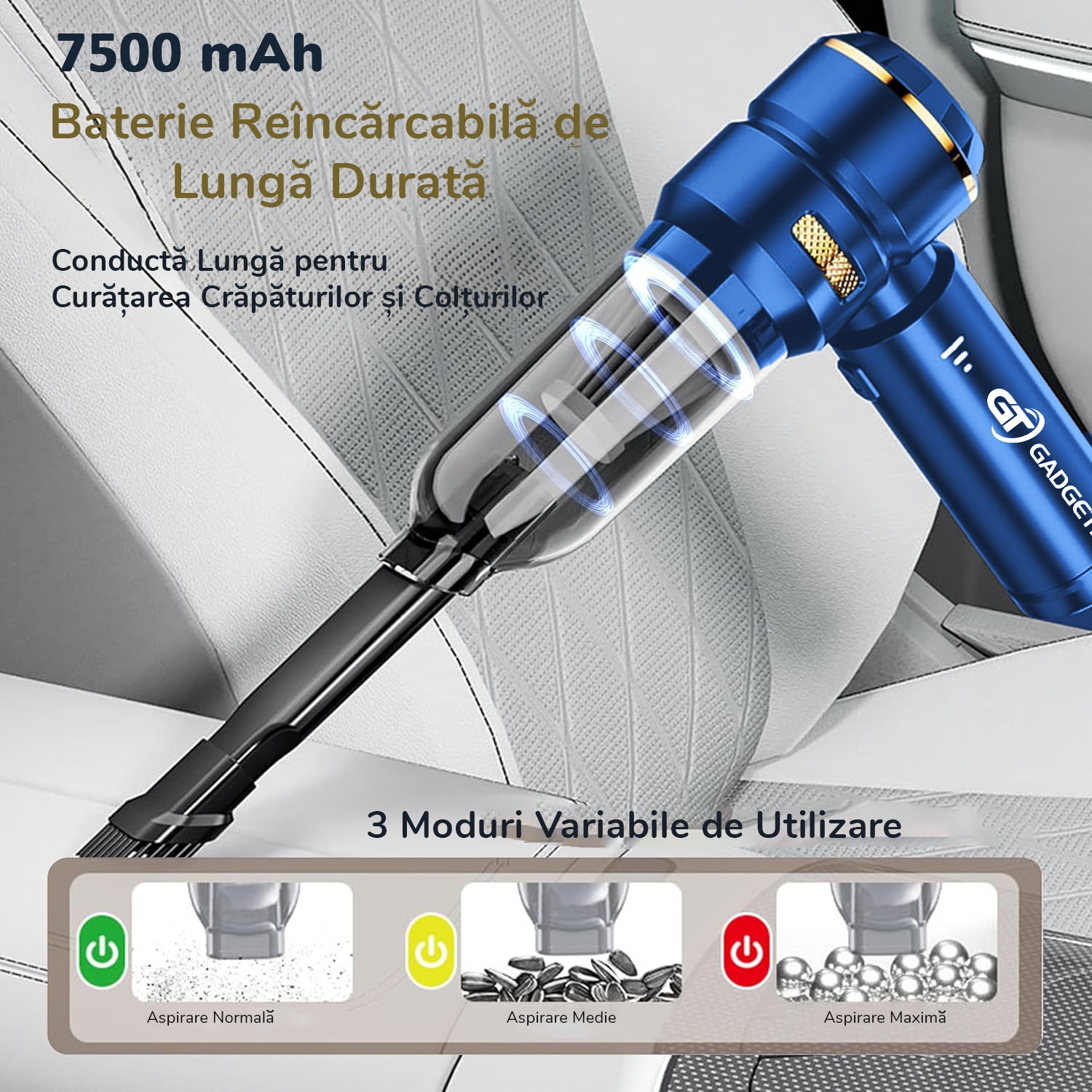 Aspirator Auto de mana portabil cu acumulator Marit de 7500mAh 4 in 1 ...