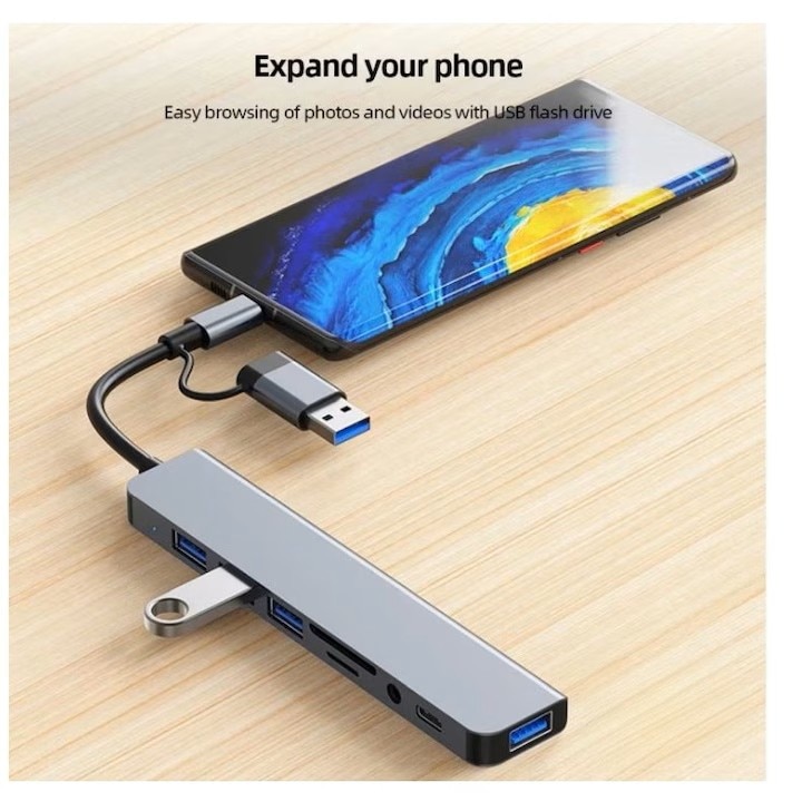Adaptor Hub USB-C 3.1 Multiport 8-in-2 NexVortk® - 3.5 mm Jack Audio, 1 ...