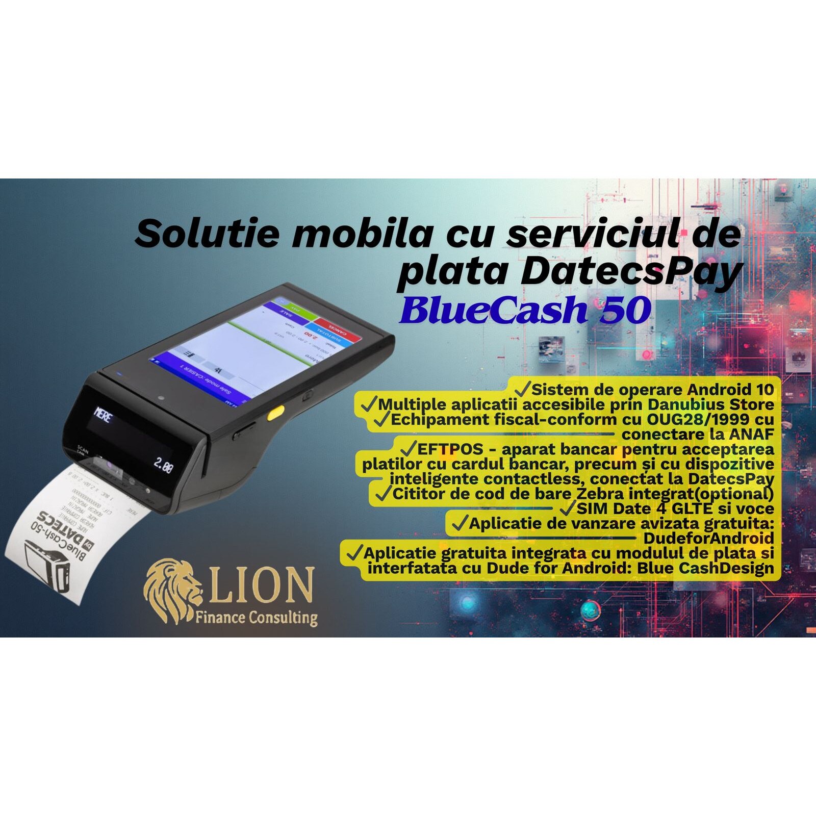 Casa de Marcat Datecs BlueCash 50 (BC50) 4 in 1 cu Android, POS Bancar ...