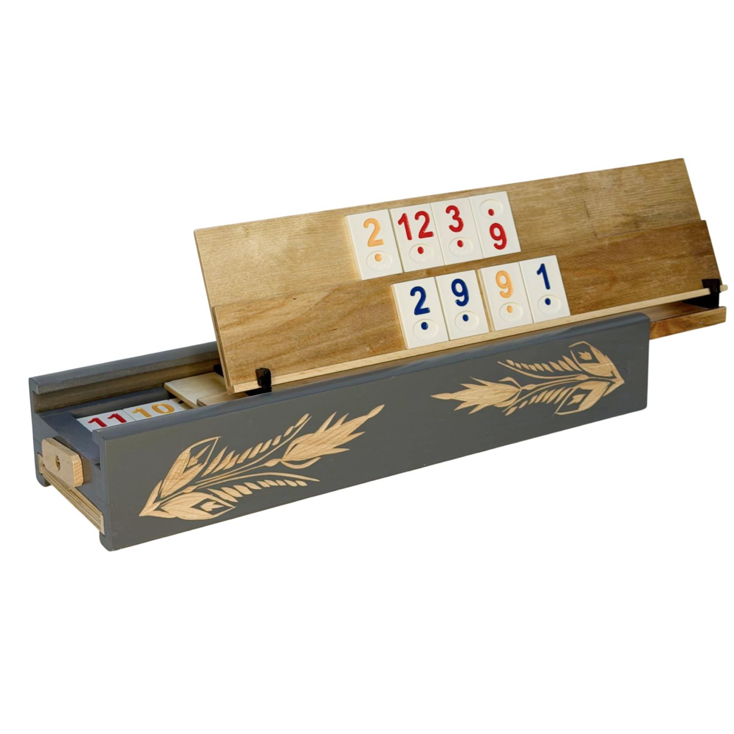 Joc de societate Remi-Rummy din lemn masiv, set complet cu piese si 4 ...