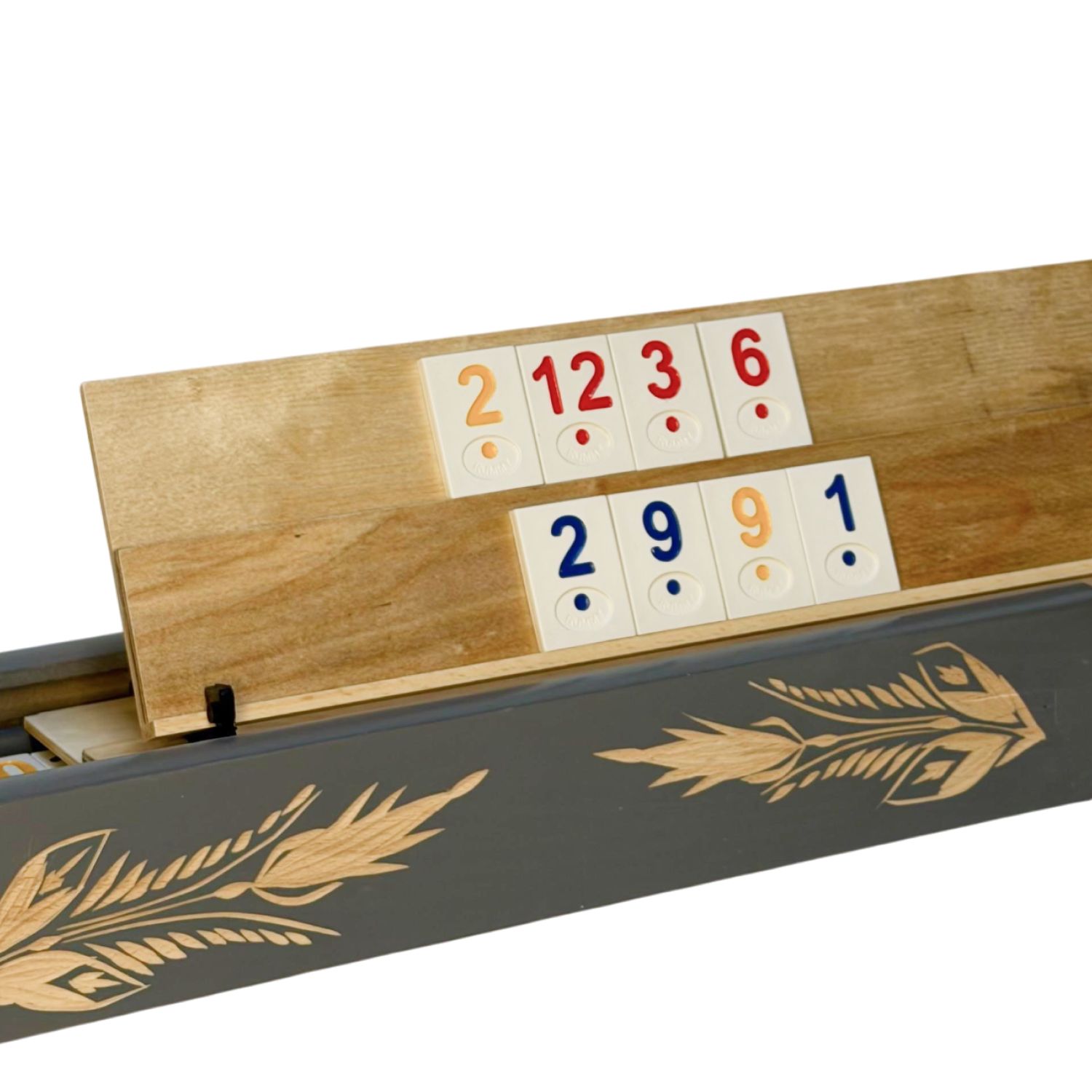 Joc de societate Remi-Rummy din lemn masiv, set complet cu piese si 4 ...