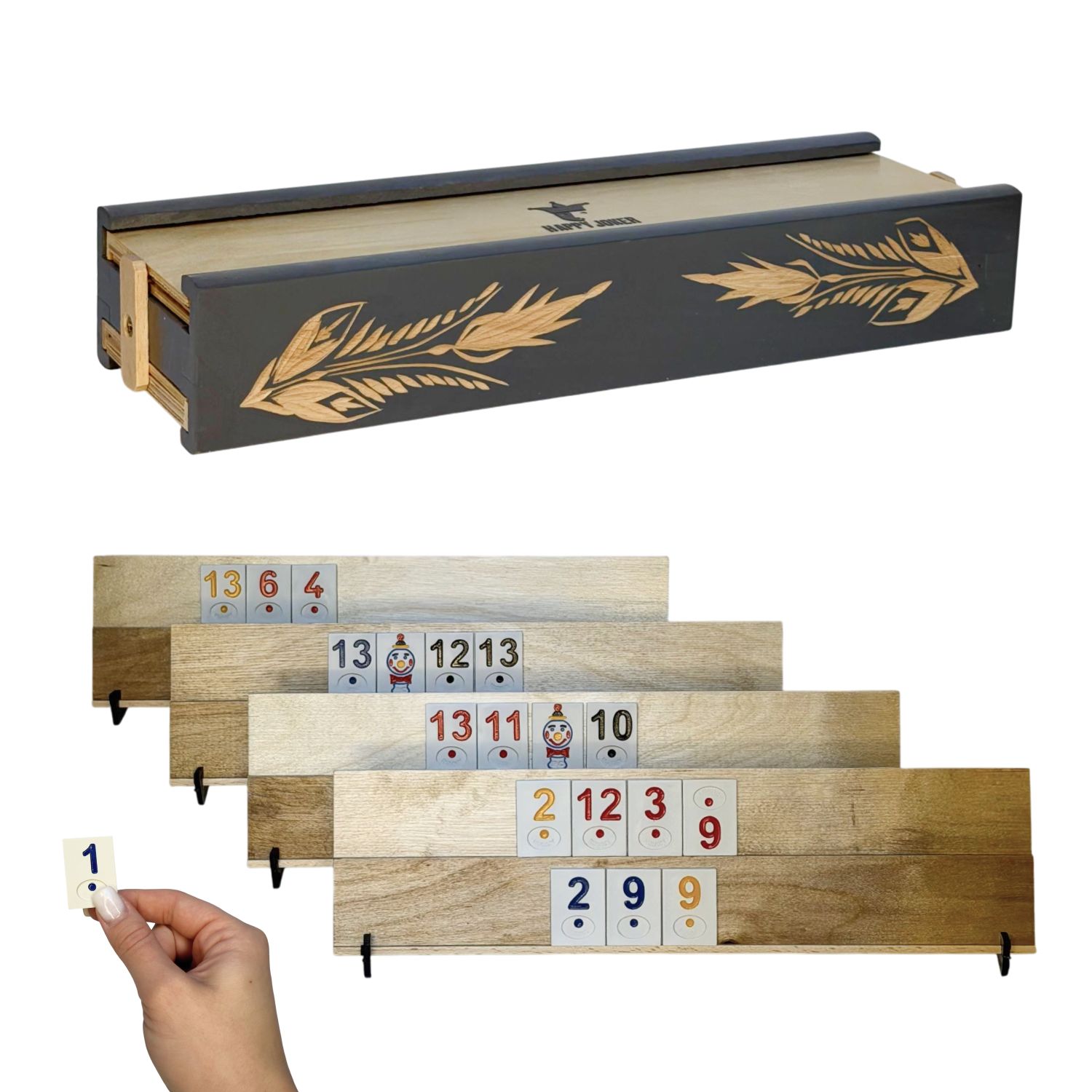 Joc de societate Remi sau Rummy din lemn masiv, set complet cu piese si ...