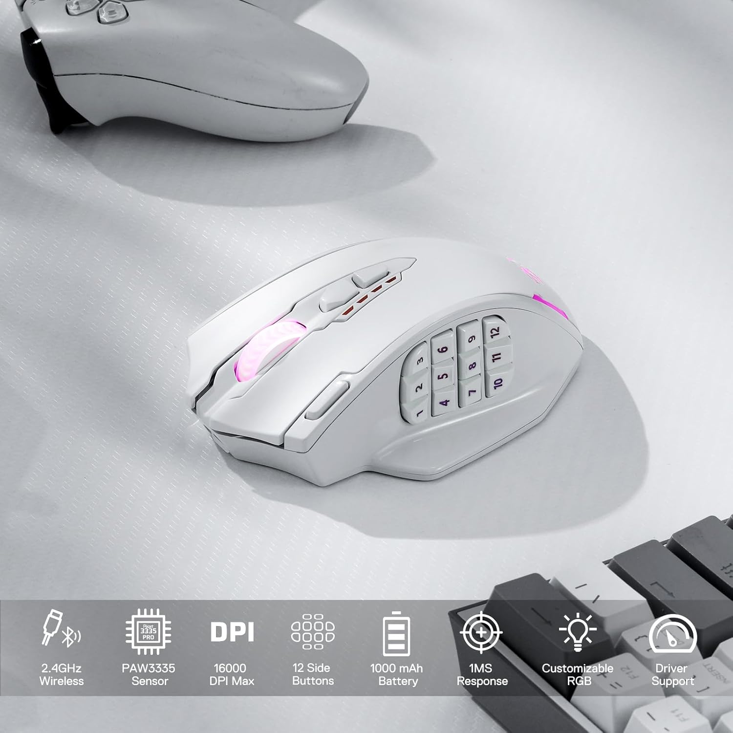 Mouse de gaming wireless Redragon M913 Impact Elite, mouse RGB, alb ...