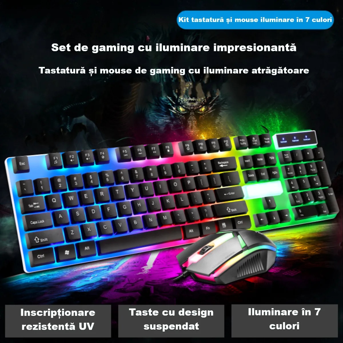Set tastatura si mouse gaming RGB ABYZ 104 taste, USB, ergonomic ...