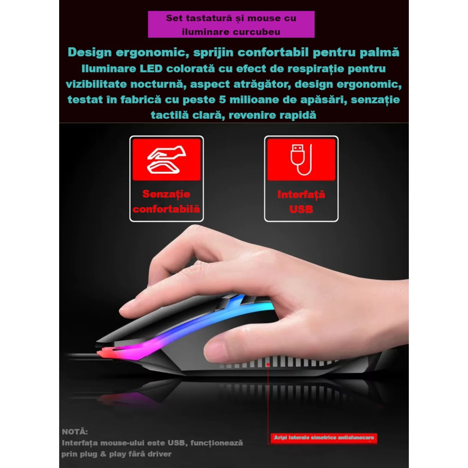 Set tastatura si mouse gaming RGB ABYZ 104 taste, USB, ergonomic ...