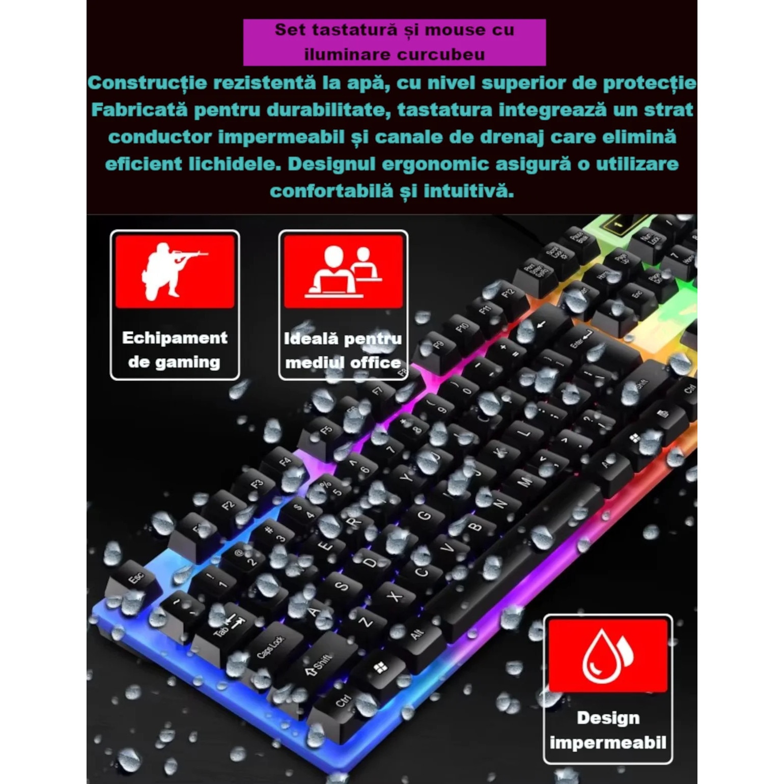 Set tastatura si mouse gaming RGB ABYZ 104 taste, USB, ergonomic ...