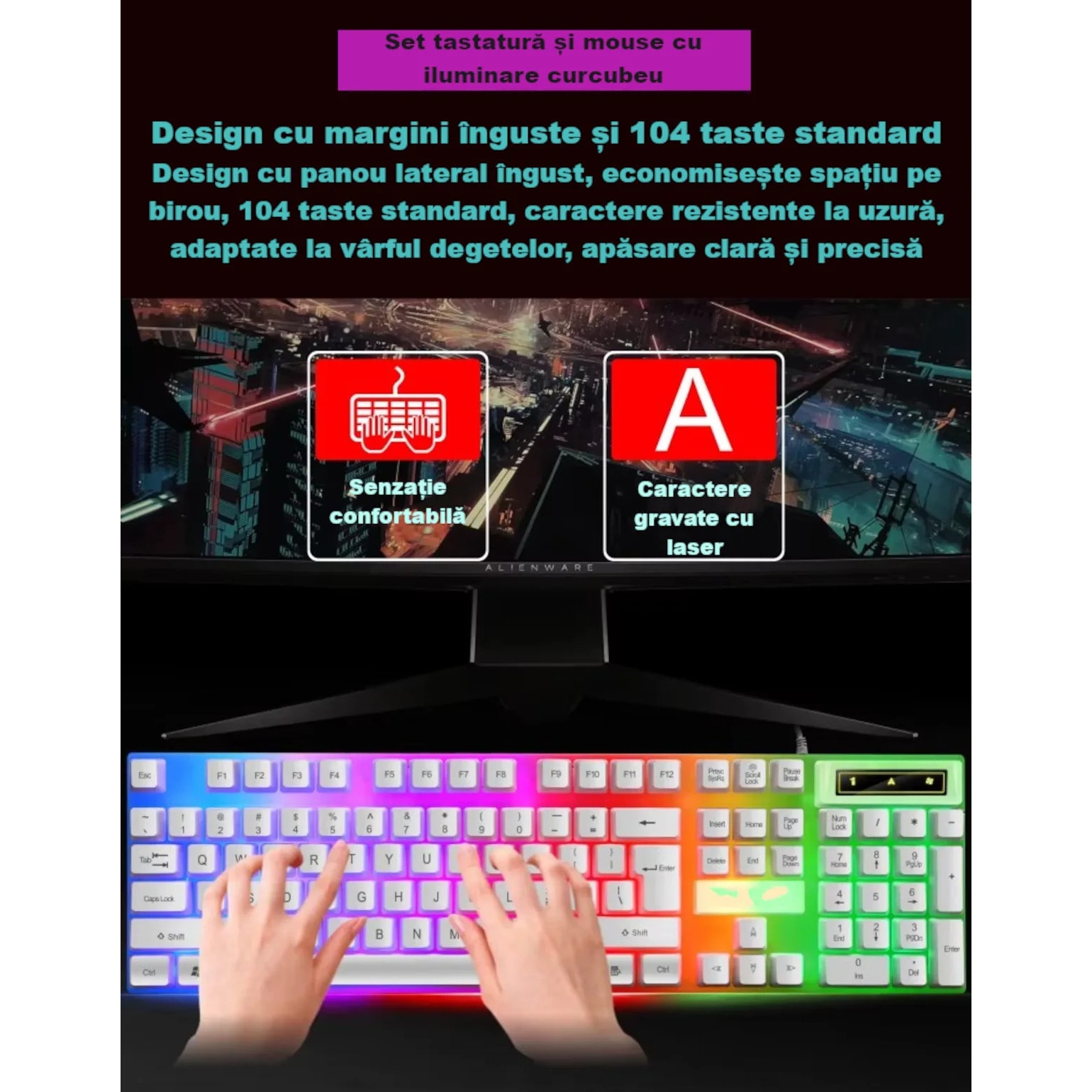 Set tastatura si mouse gaming RGB ABYZ 104 taste, USB, ergonomic ...