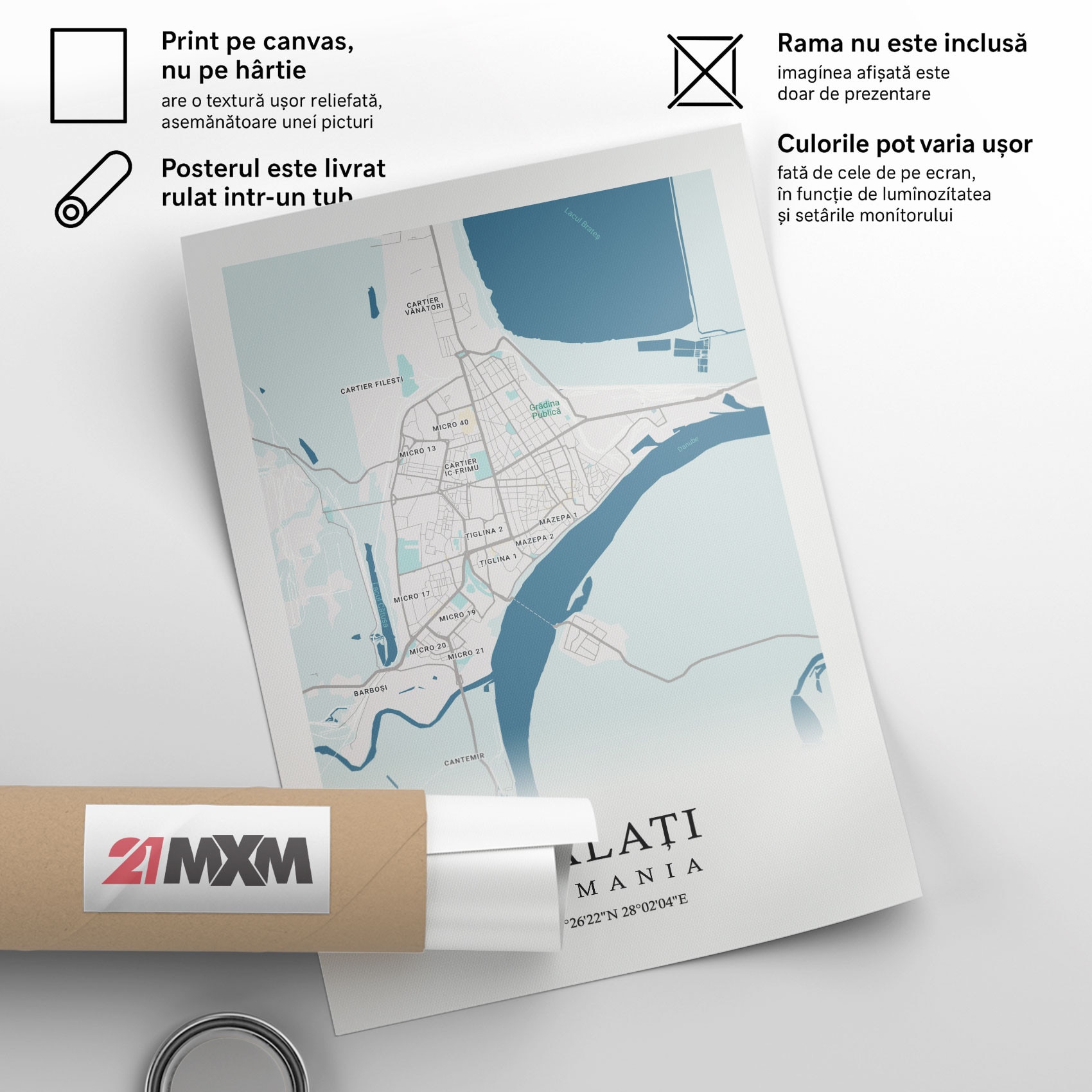 Tablou canvas cu harta oras - Galati, Romania, Stil minimalist modern ...