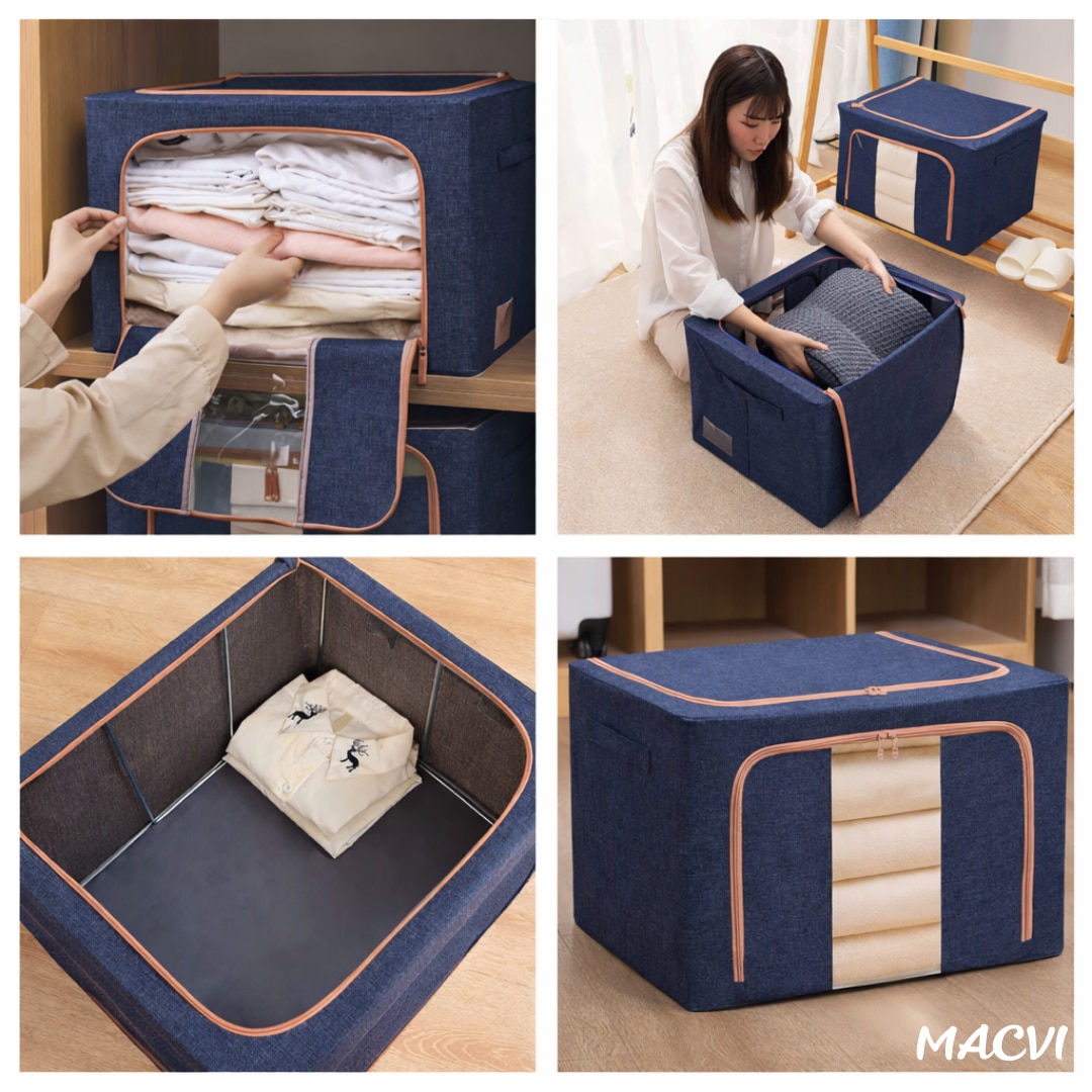 Cutie depozitare haine Macvi® 100L, organizator textil pliabil cu capac ...