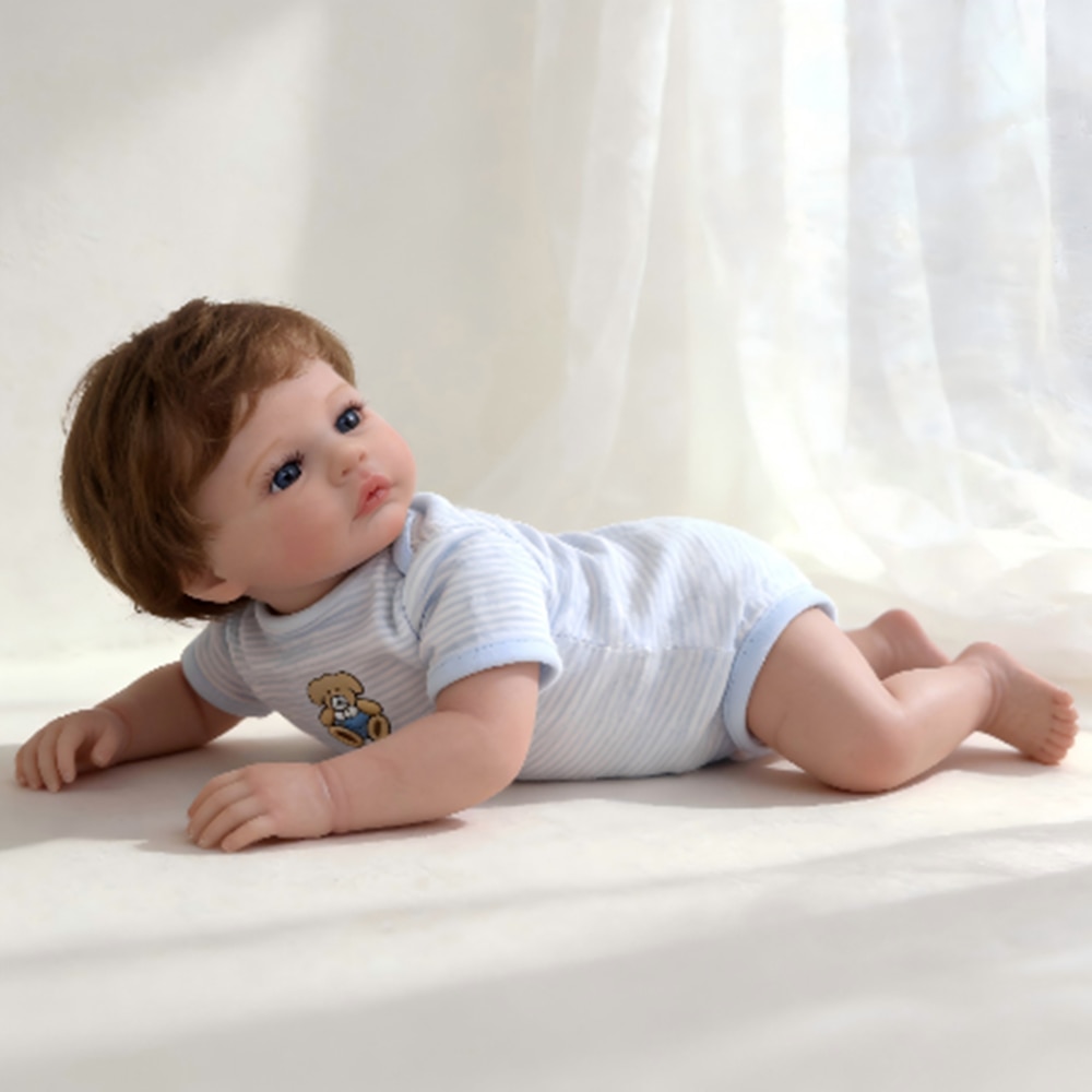 Papusa bebelus Reborn Dolls, 45.7cm, silicon, par blond, albastru, cu ...