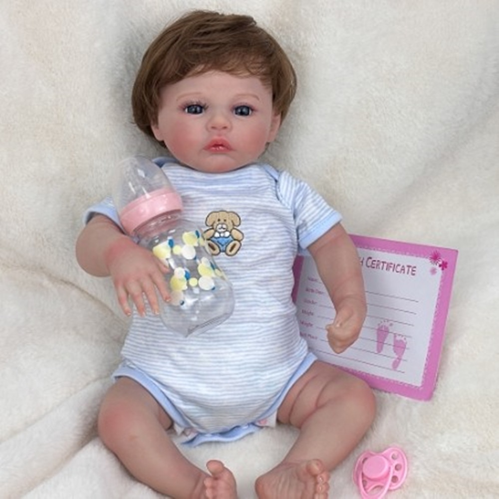 Papusa bebelus Reborn Dolls, 45.7cm, silicon, par blond, albastru, cu ...