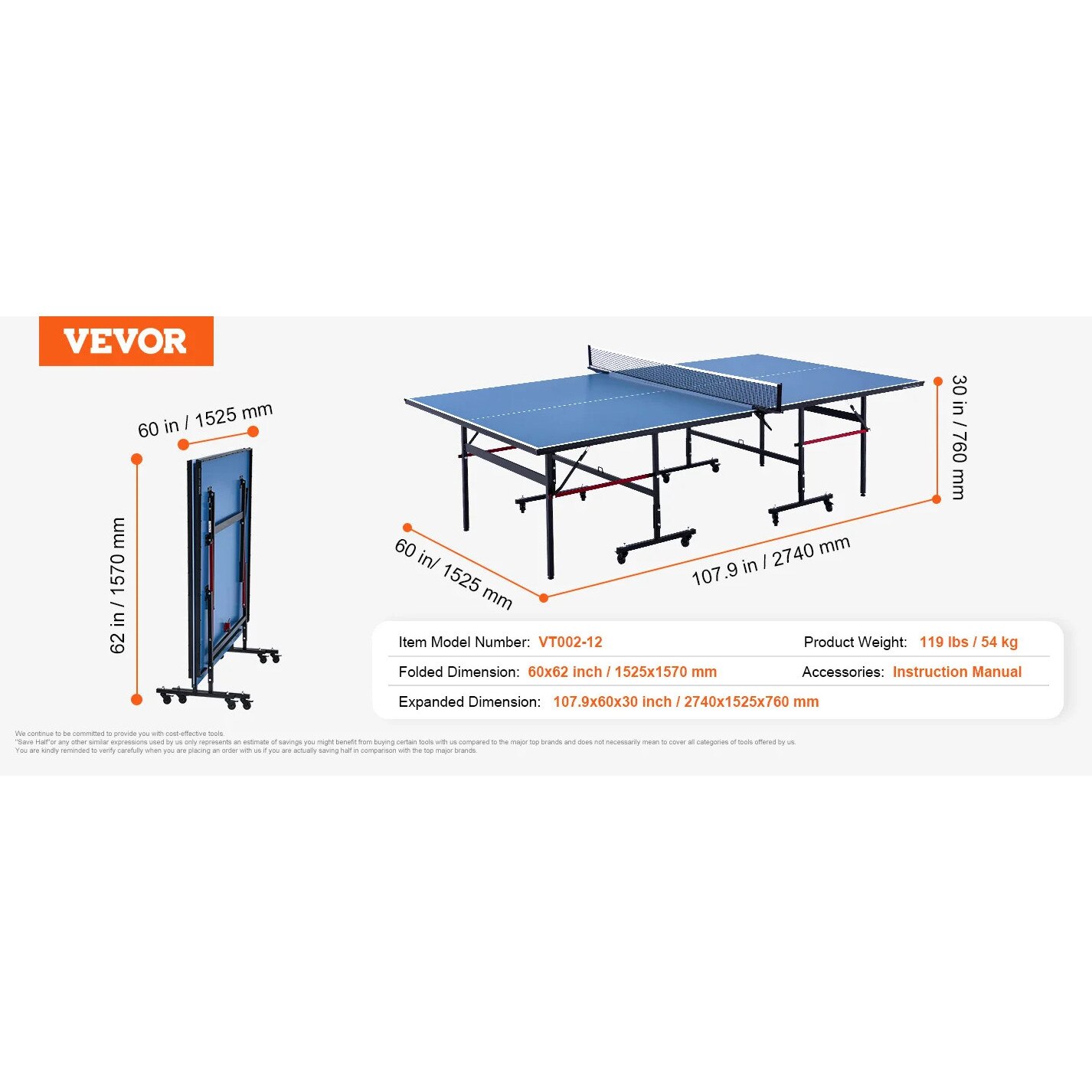 Masa tenis pliabila, 12mm, dimensiuni 107.9x60x30in, design durabil ...