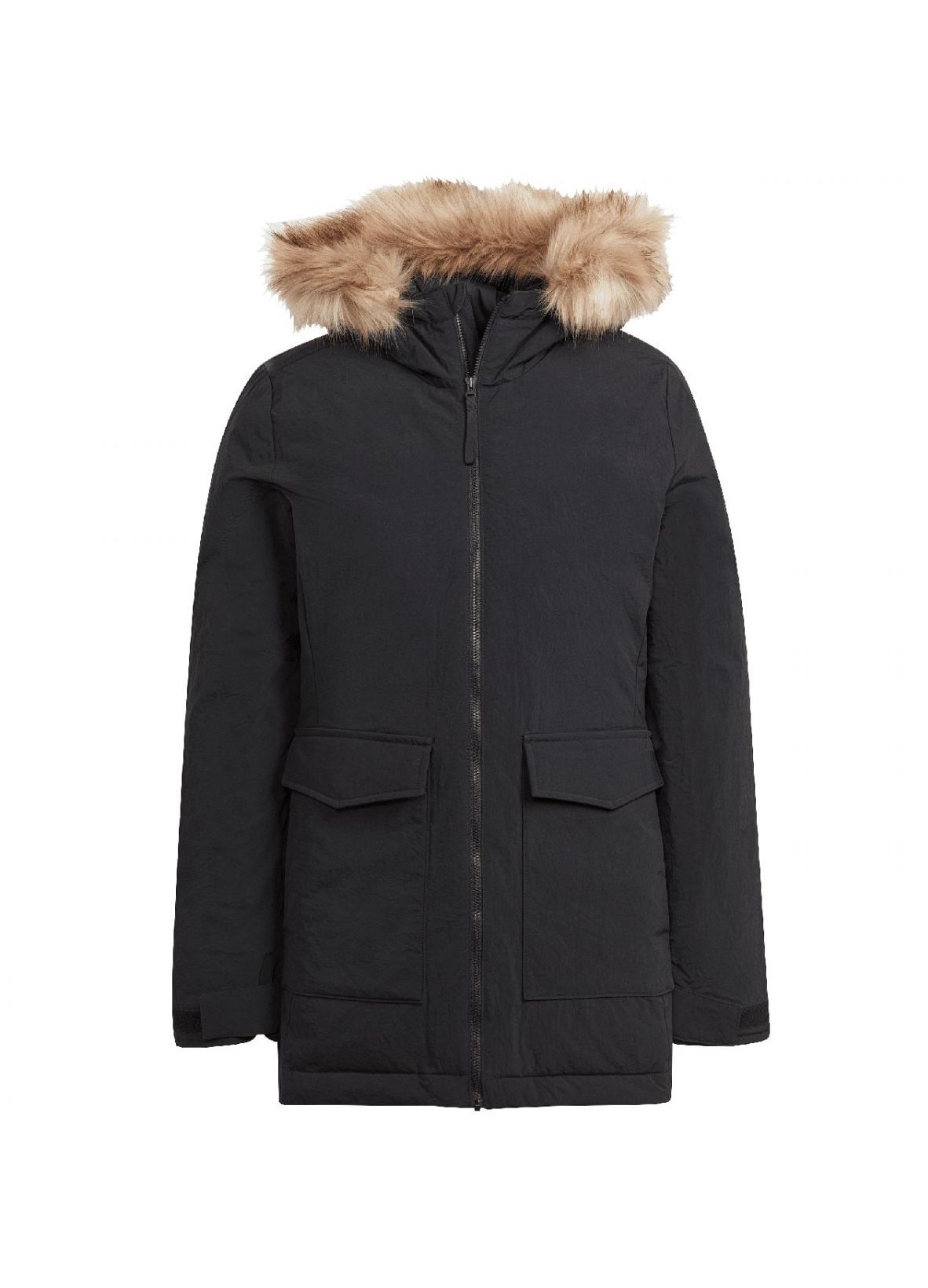 Geaca parka adidas, gluga cu blana detasabila, neagra, material ...