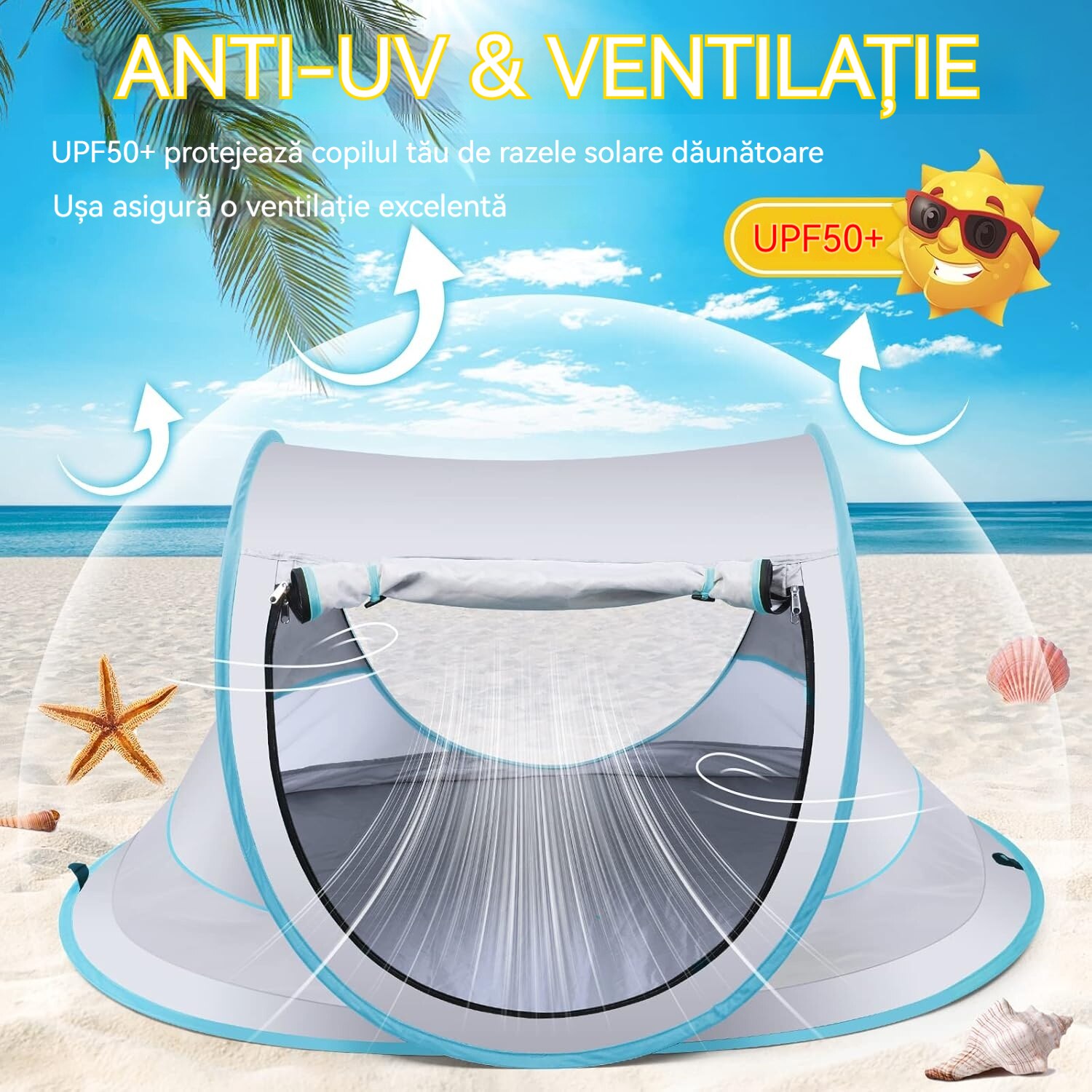 Cort plaja pentru bebelusi, YSBER, auto-desfasurator, protectie UV, Gri ...