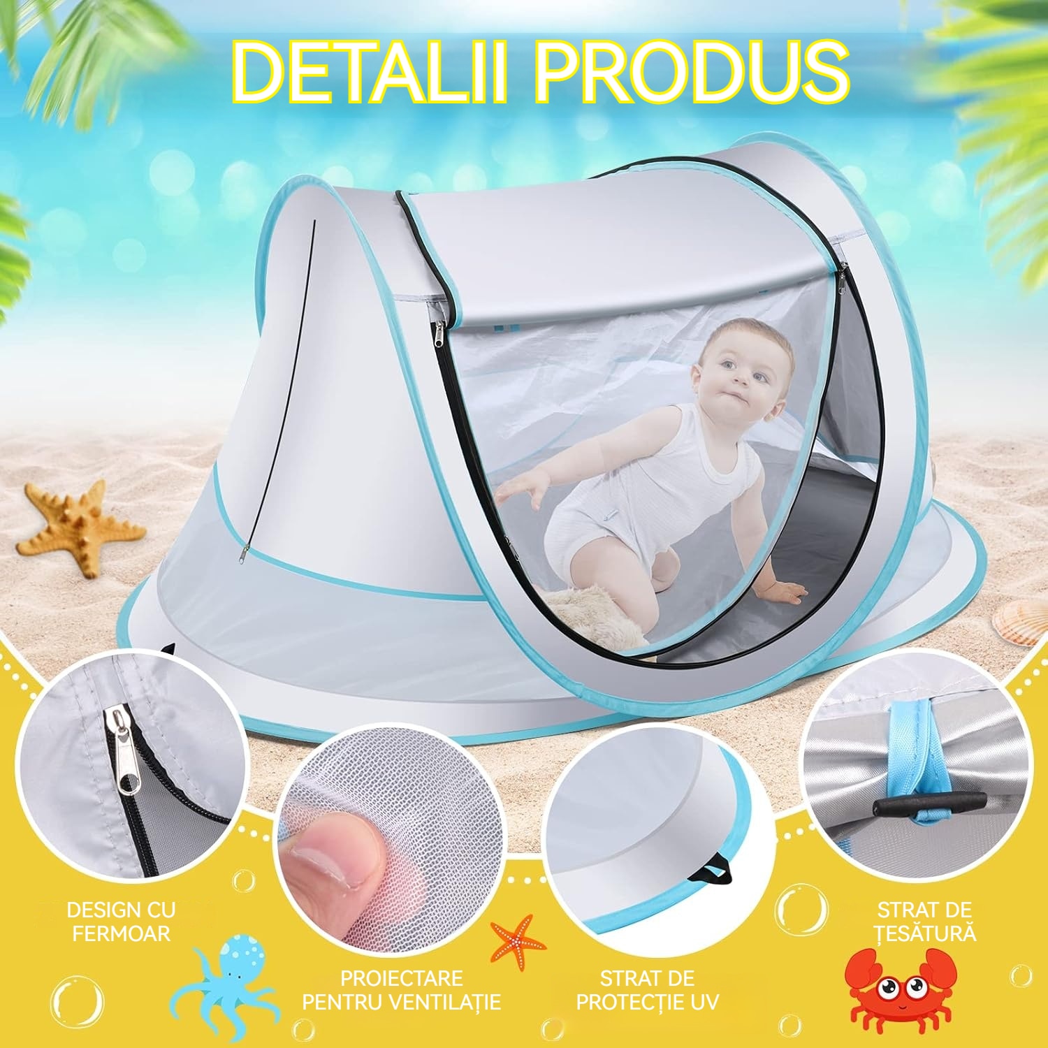 Cort plaja pentru bebelusi, YSBER, auto-desfasurator, protectie UV, Gri ...