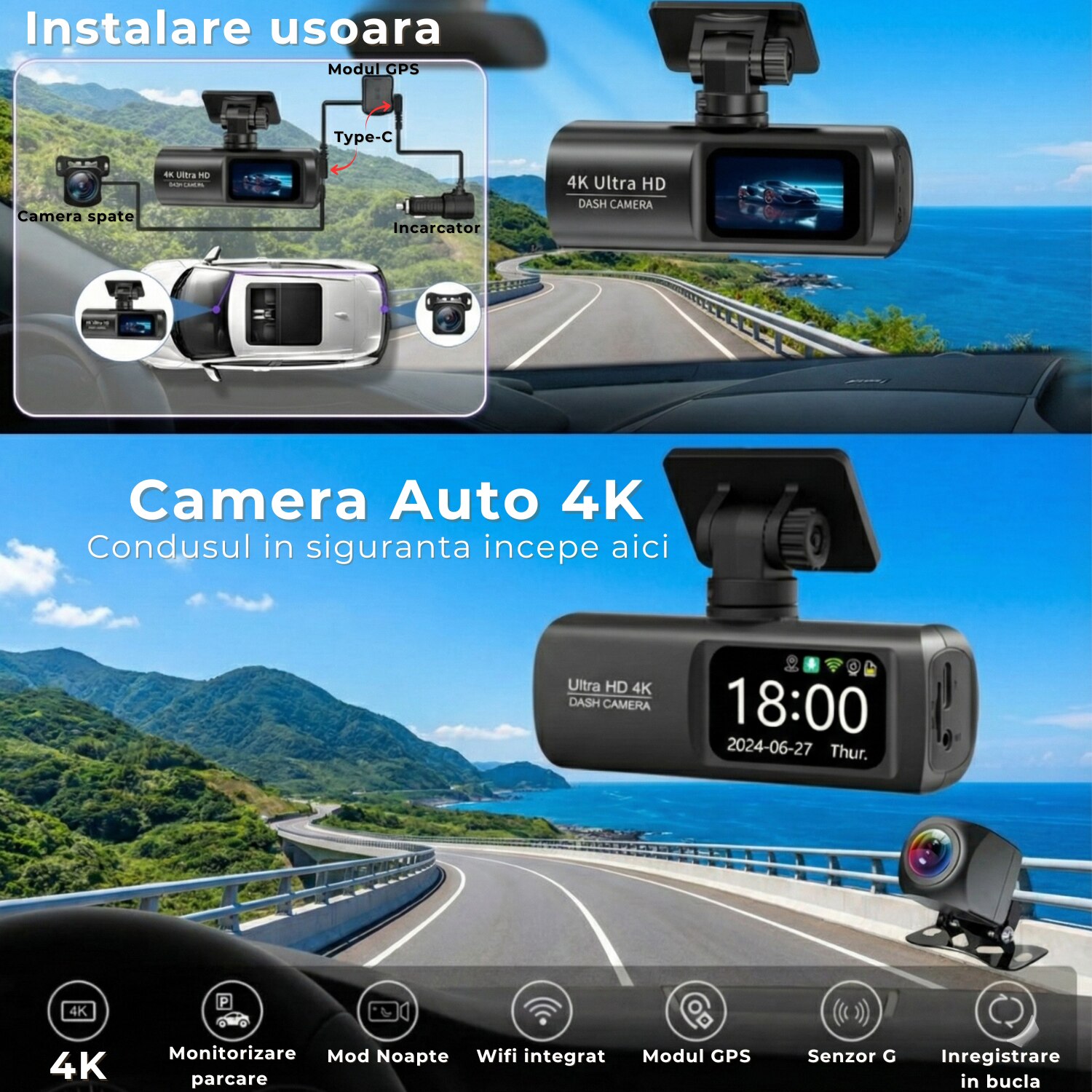 Camera Auto DVR V22, Camera de bord ultracompacta 4K, Inregistrare in ...