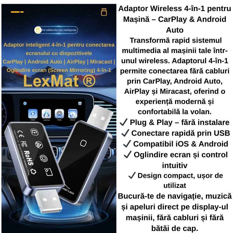 Adaptor wireless auto LexMat 4-in-1, CarPlay, Android Auto, AirPlay ...