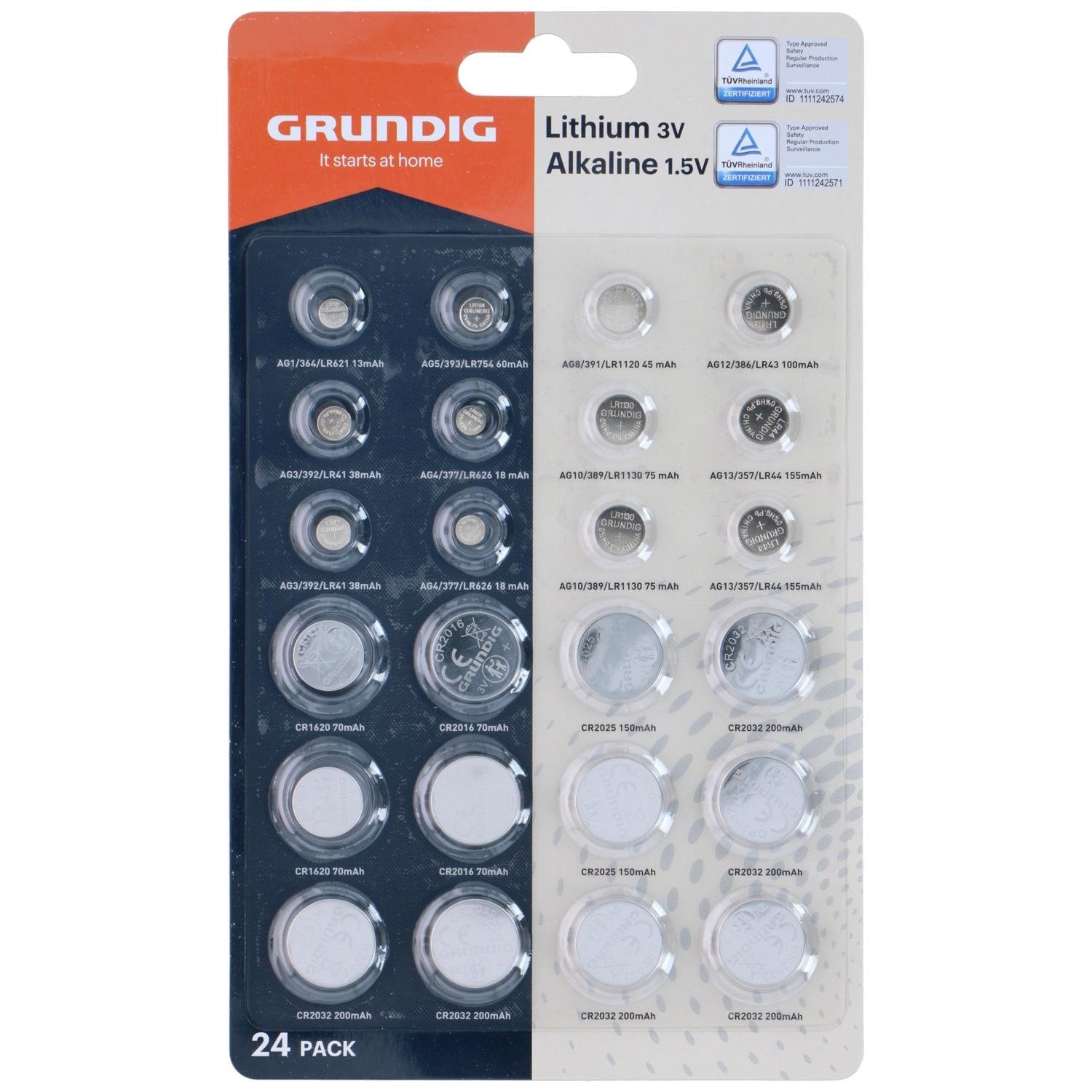 Set 24 baterii tip buton AG/CR, Alcaline, Grundig, AG1/5/8/12/3/4/10/13 ...