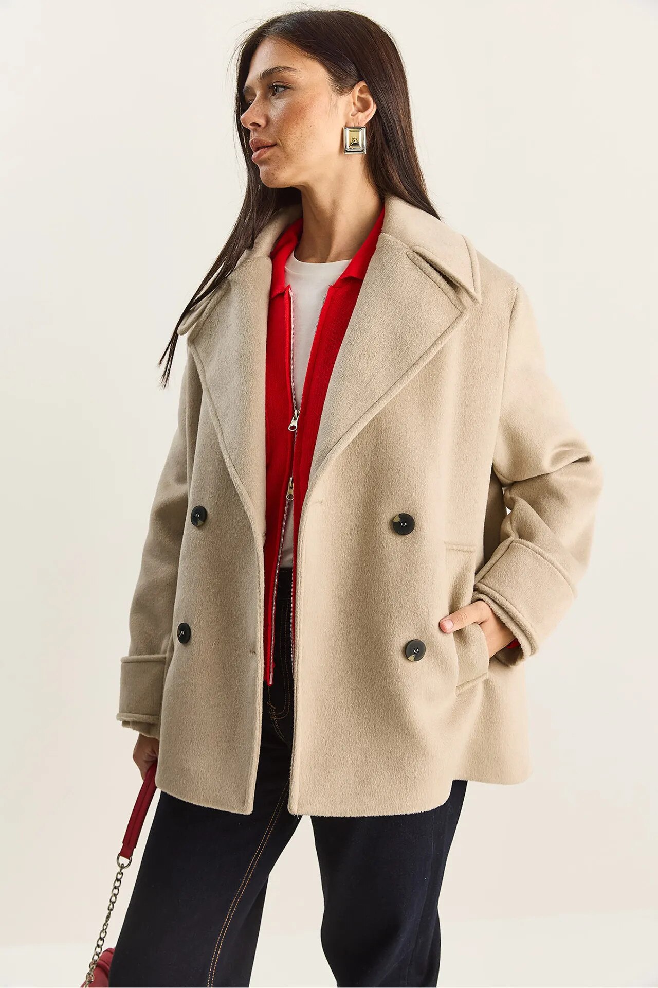 Palton dama, Bianco Lucci, oversized, cu buzunare, bej natural, bumbac ...