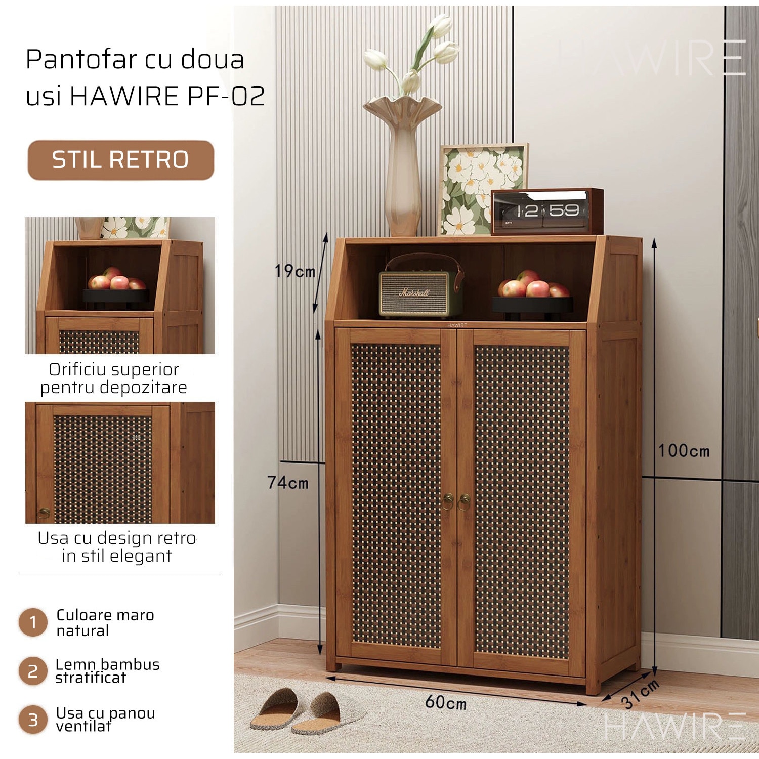 Pantofar hol HAWIRE PF-02 cu 2 usi, din bambus, 100x60x31 cm, model ...