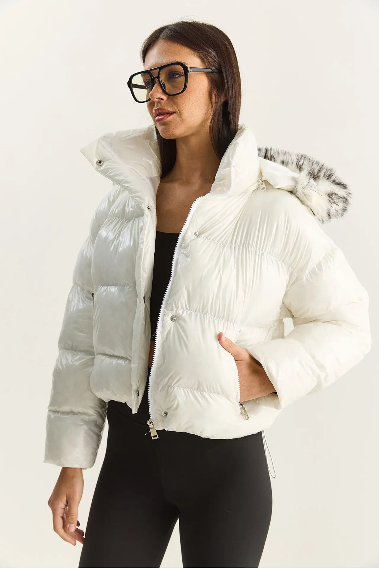 Geaca de puf matlasata cu gluga, Bianco Lucci, alb, textil - eMAG.ro