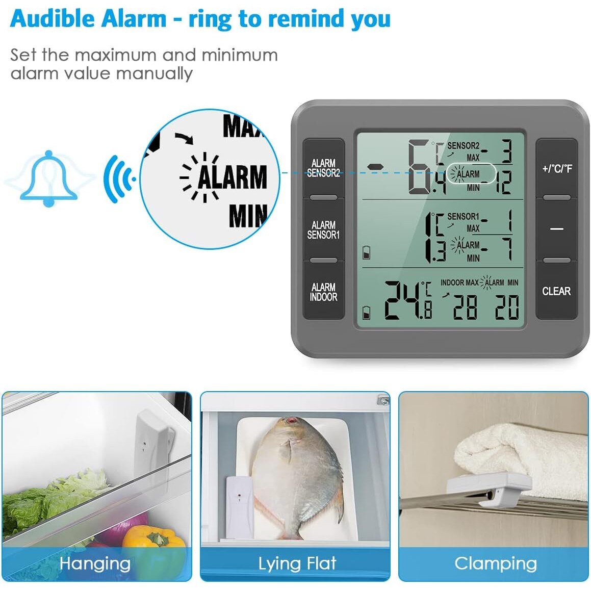 Termometru pentru Frigider, cu Alarma, 2 Senzori, Ecran HD 3.6 ...