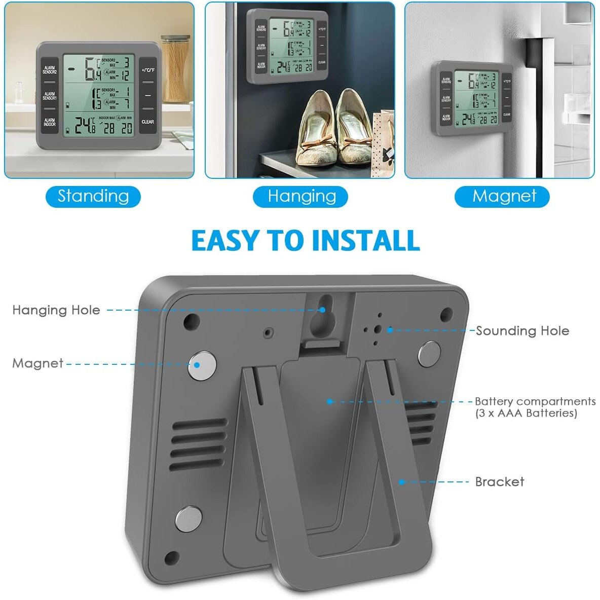 Termometru pentru Frigider, cu Alarma, 2 Senzori, Ecran HD 3.6 ...