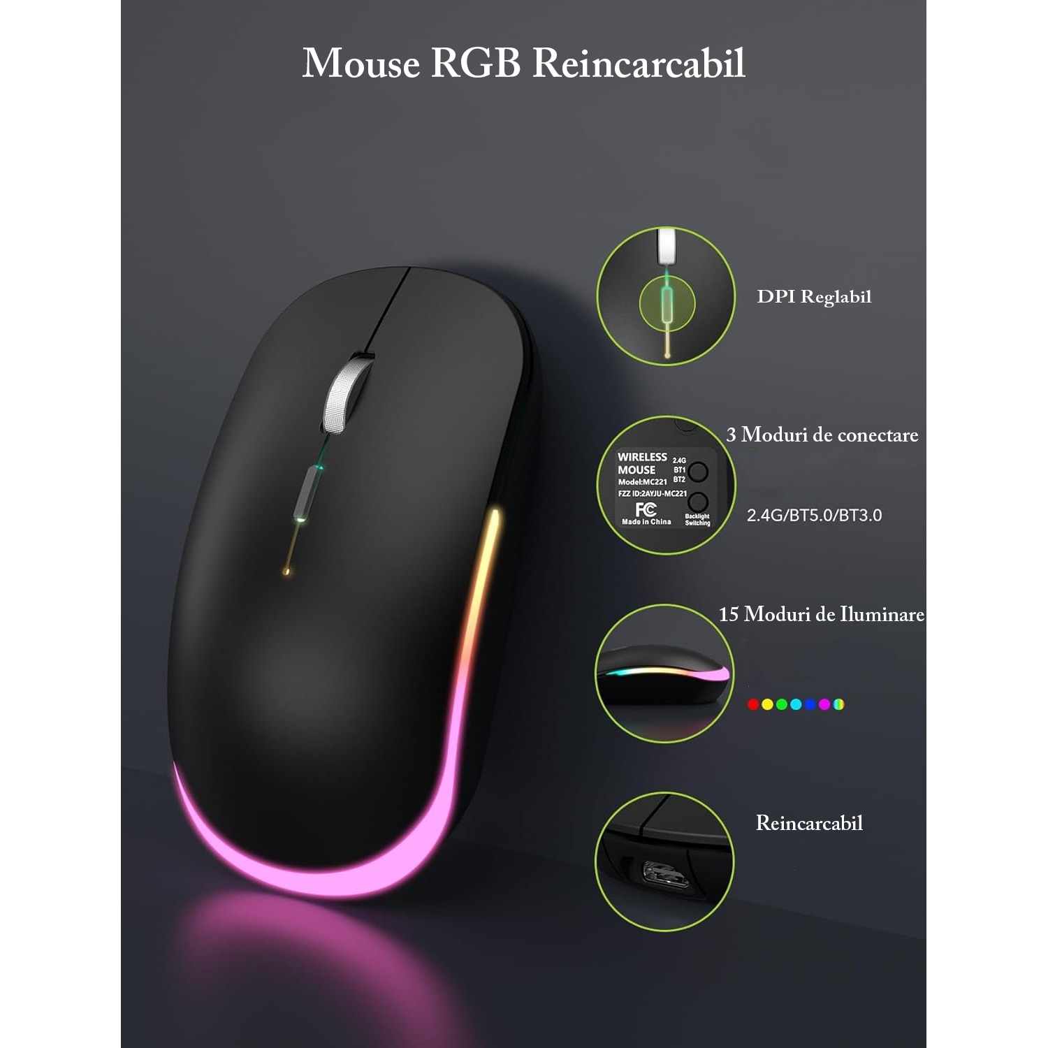 Kit Tastatura si Mouse Wireless RGB, Reincarcabile, Bluetooth + 2.4GHz ...