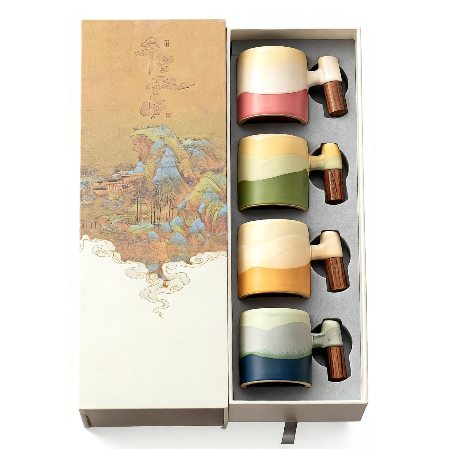 Set de 4 cesti ceramice, culori gradient, manere din lemn, 70 ml, 5,4x8 ...
