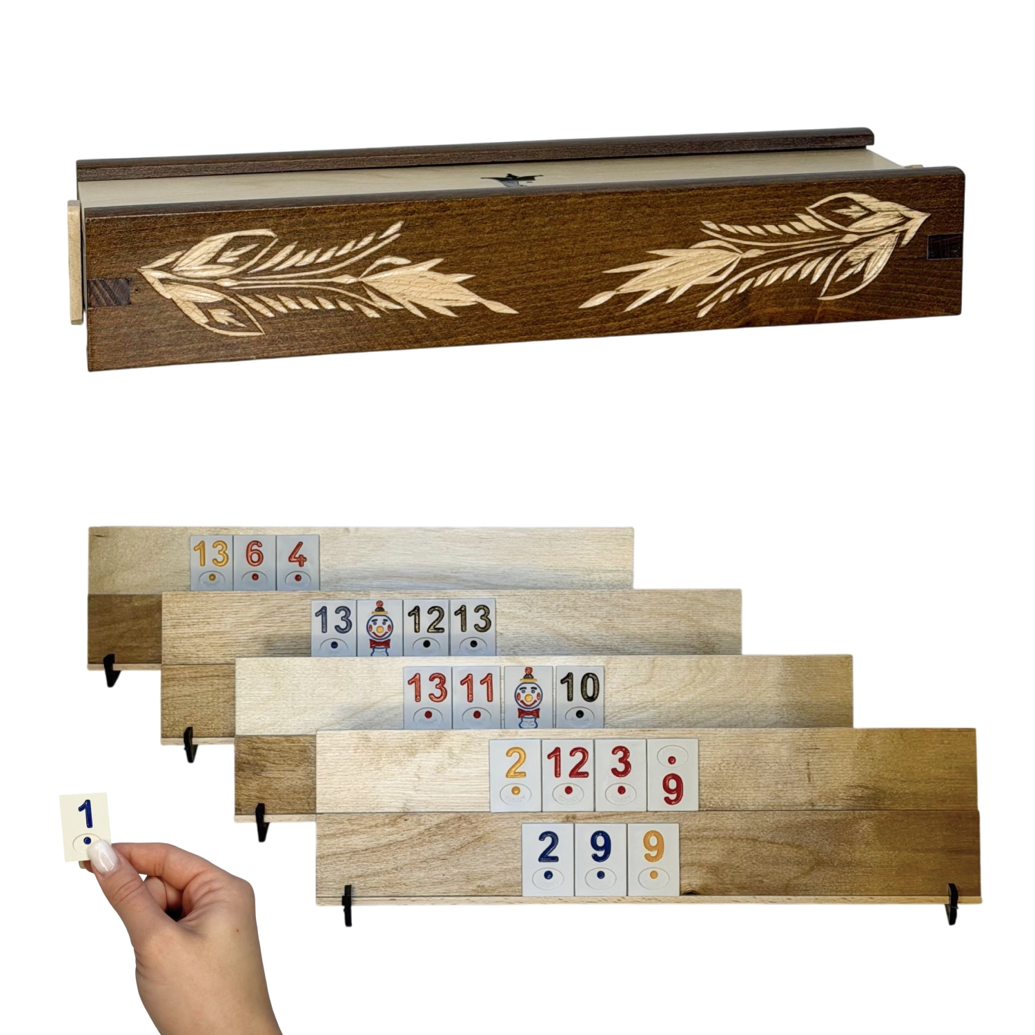 Joc de societate Remi sau Rummy din lemn masiv, set complet cu piese si ...