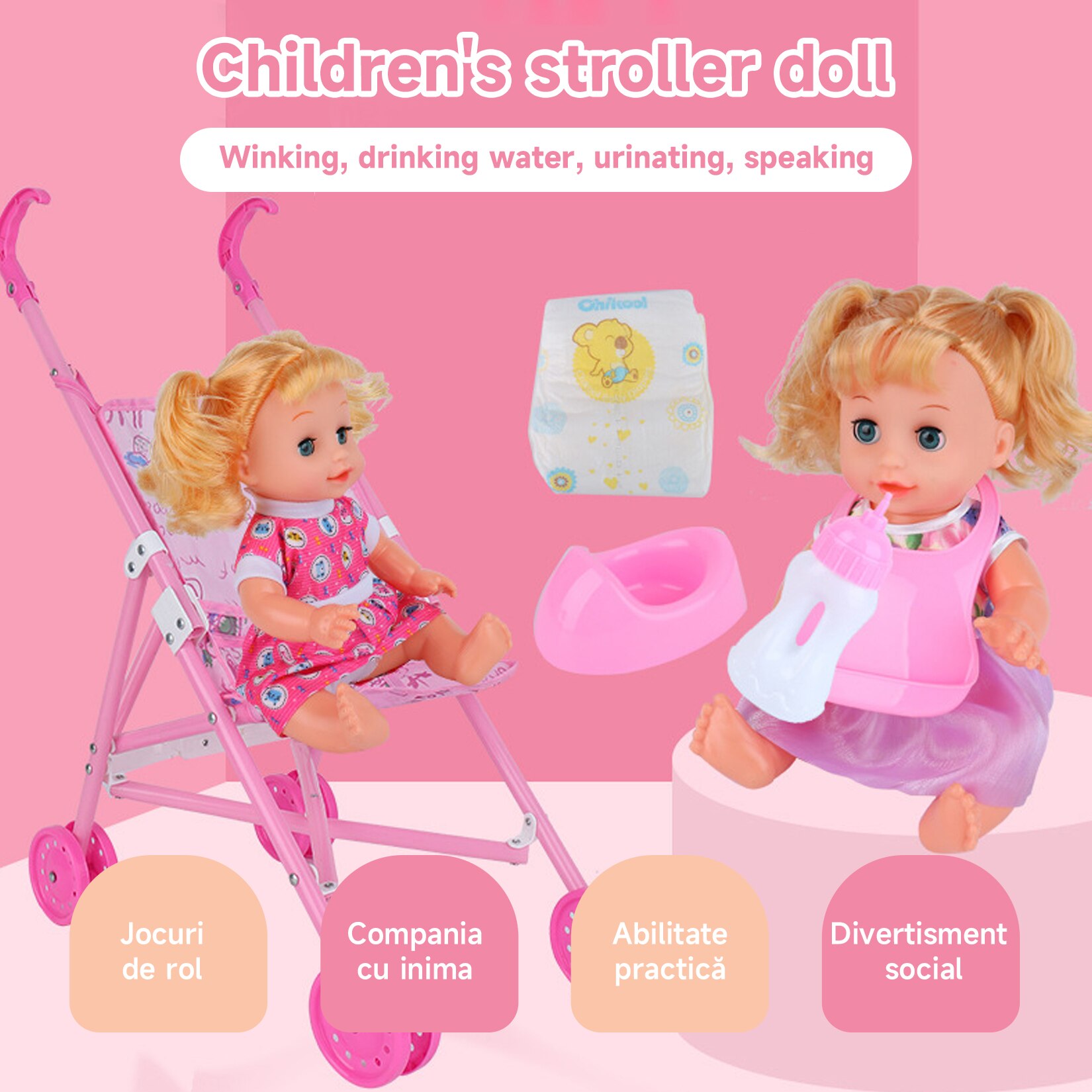 Papusa bebe cu carucior si accesorii Wacorresi®, detalii realiste, ochi ...